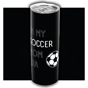 Elanze Designs In My Soccer Mom Era Ball Sport Wrap-Around Design 20 Ounce Stainless Steel On-The-Go Coffee Travel Insulated Skinny Tumbler Mug Cup, Slide Top Lid, MRC-20OZ-SH247