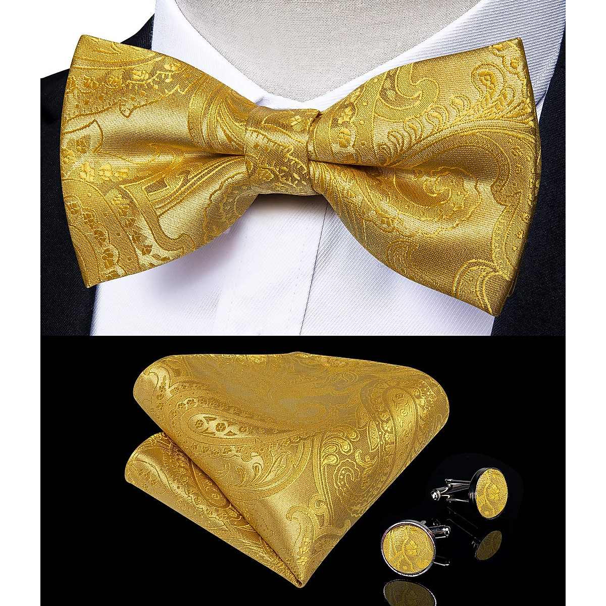 DiBanGu Gold Suspenders for Men Heavy Duty Yellow Suspenders and Bow Tie Set Adjustable Y-Back Mens Trouser Braces