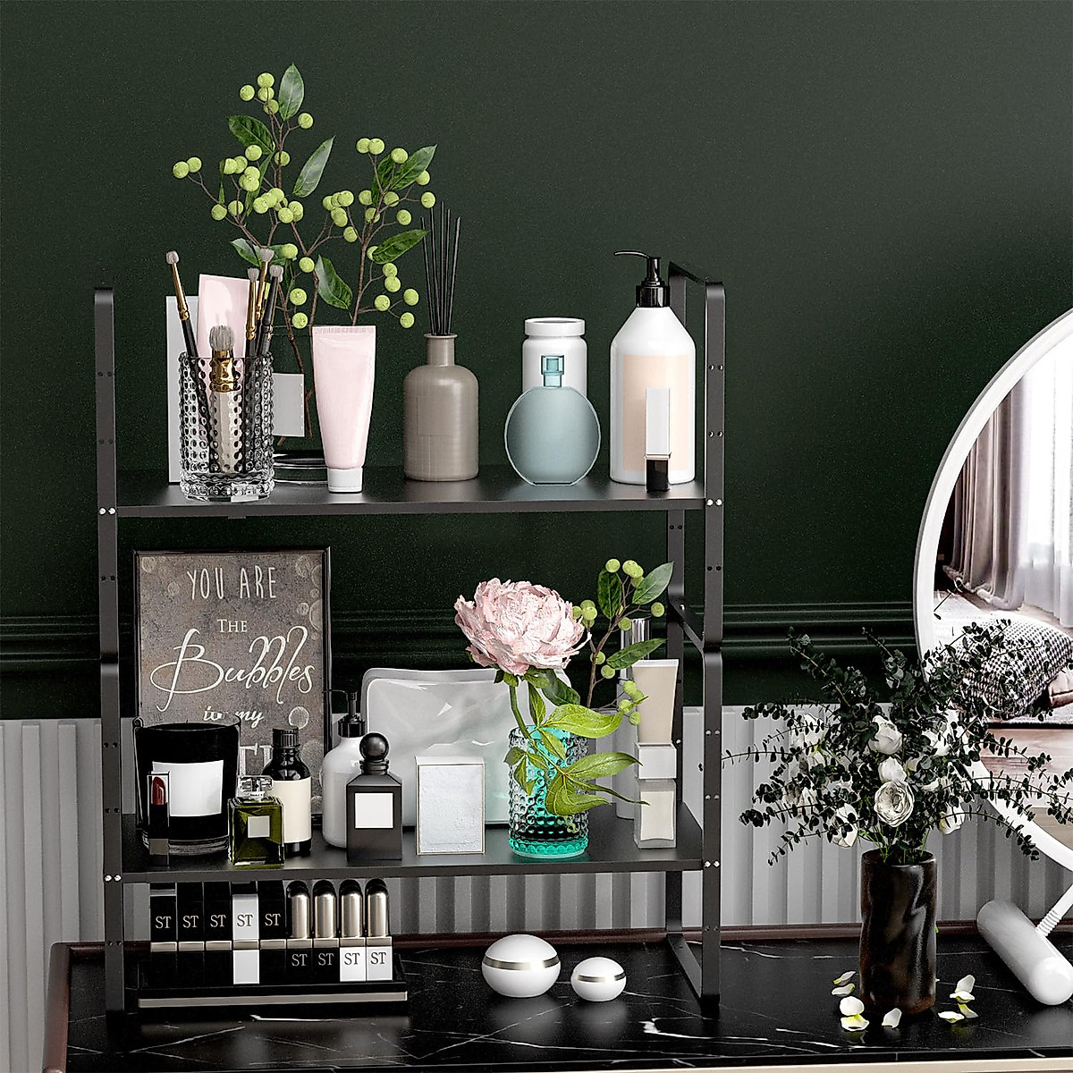 GEDLIRE Expandable Kitchen Cabinet Shelf Organizers 2 Pack, Stackable Metal Pantry Storage Shelves Rack, Adjustable Counter Shelf for Cabinets, Countertop, Cupboard Organizers and Storage, Black