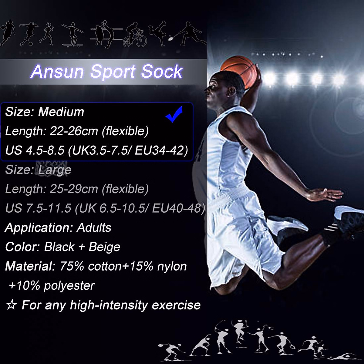 Anti-slip Sock Men Women Non-slip Soccer Basketball Tennis Sport Sock Grip Black Large