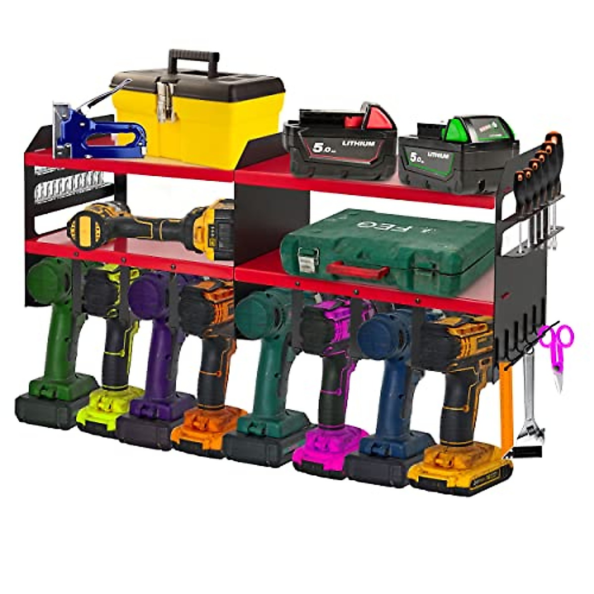 LADECH Cordless Drill Charging Station - 8 Drill Holder - Power Tool Organizer, Wall Mount Shelf with Screwdriver and Pliers Holder - Garage Storage Organizer (8 Drill Holder)