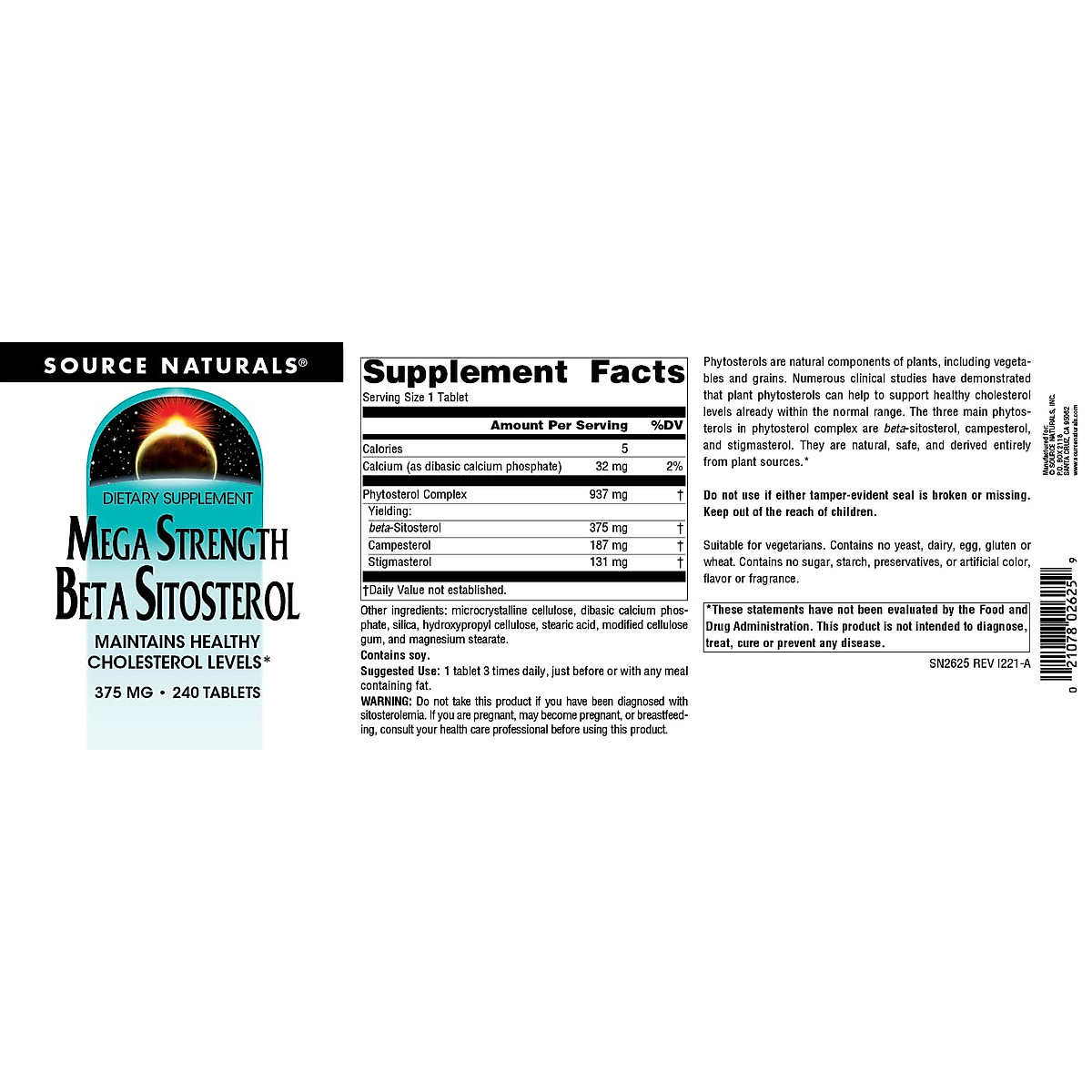 Source Naturals Mega Strength Beta Sitosterol, Plant Sourced, 375mg - 240 Tablets