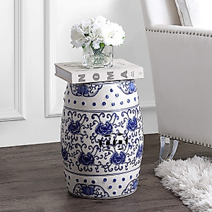JONATHAN Y TBL1000A Lotus Flower 17.8" Chinoiserie Ceramic Drum Garden Stool Bohemian, Coastal, Classic, Cottage, French Country, Traditional, Transitional, Bathroom, Garden Room, Patio, Blue/White