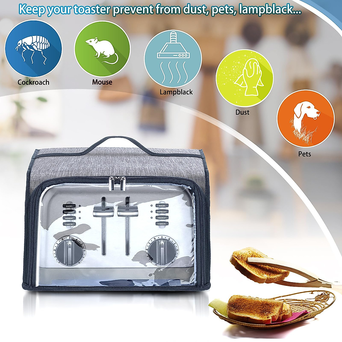 Toaster Cover with Base for 4 Slice Wide Slot, Toaster Oven Cover Compatible with Cuisinart, Small Bread Cover, 4 Slice Toaster Covers with Zipper Pockets Buffalo Check (Cover Only)