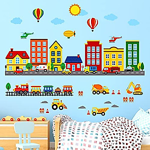 DECOWALL DS-8051 City Vehicles Wall Stickers Car Construction Truck Decals Removable for Kid Boys Nursery Bedroom Playroom Living Room Art Decor