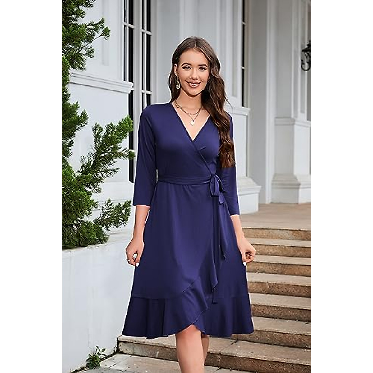 yasingoo Women's V-Neck Wrap Dress 2023 Fall Fashion 3/4 Sleeve Tie Waist Midi Flowy Ruffle Hem Mixi Boho Dresses Dark Blue,Medium
