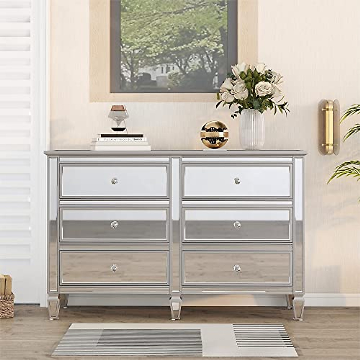 SOFTSEA Modern 6 Drawer Mirrored Dresser, Glass Dresser & Chest of Drawers for Bedroom, Silver Finished Storage Cabinet with Crystal Knobs, Easy Assembly