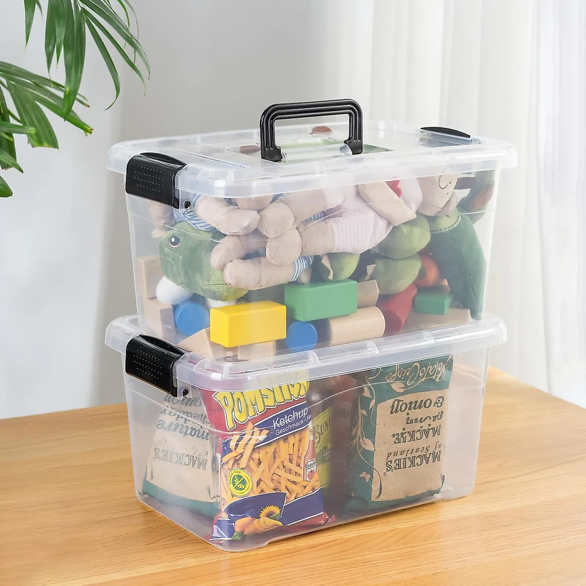 Cetomo 12Qt*12 Plactic Storage Bins, Stack Tote Storage Box with Handle, Clear, 12Quart-12 Pack