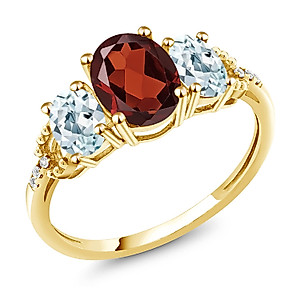 Gem Stone King 2.54 Ct Oval Red Garnet Sky Blue Aquamarine 10K Yellow Gold Ring (Size 7)