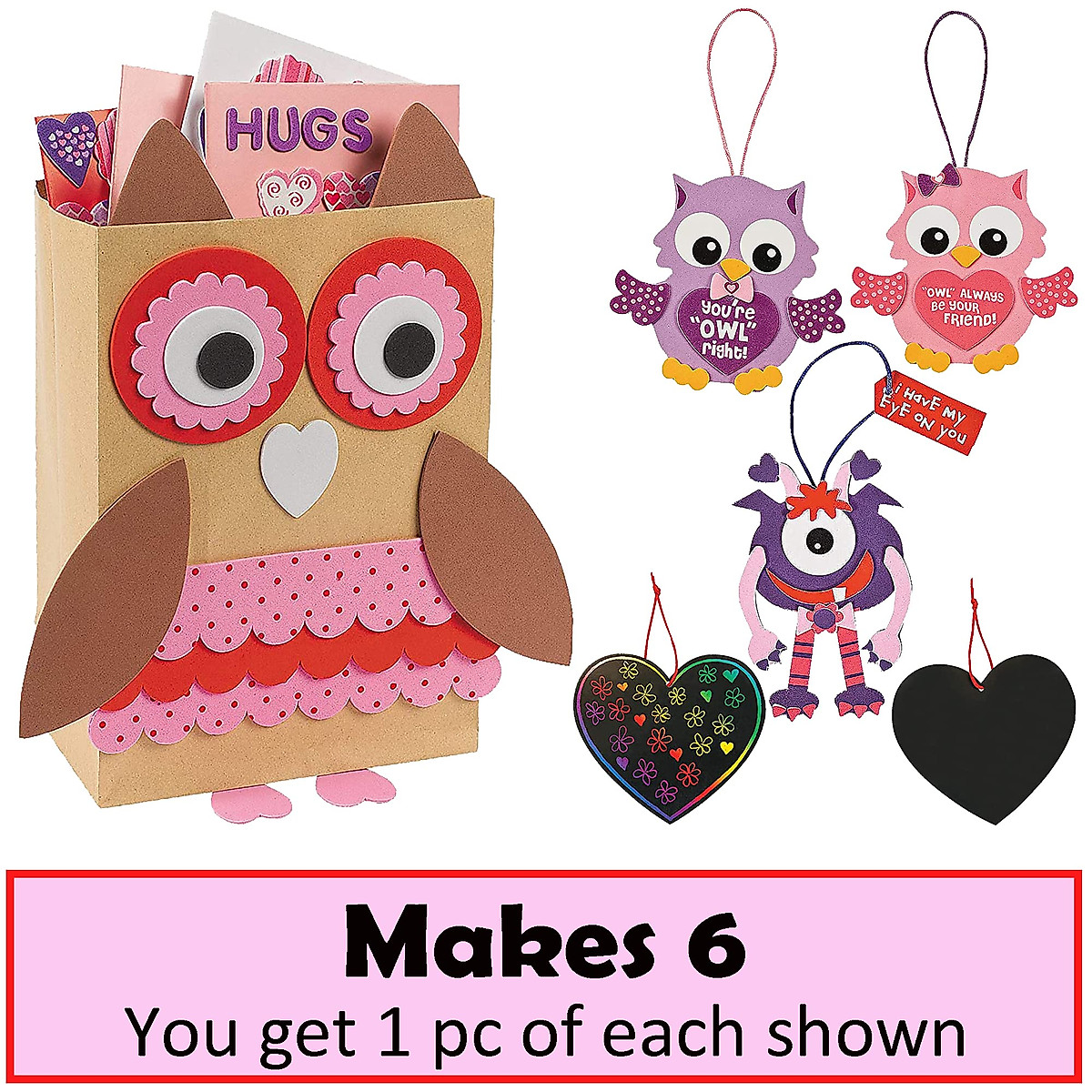 Valentines Craft for Kids (Makes 6) Owl Valentine Card Box Holder, Monster Ornament, Owl Ornament, Heart Magic Scratch - DIY Valentines Day Craft for Kids Mailbox Classroom Exchange by 4E's Novelty