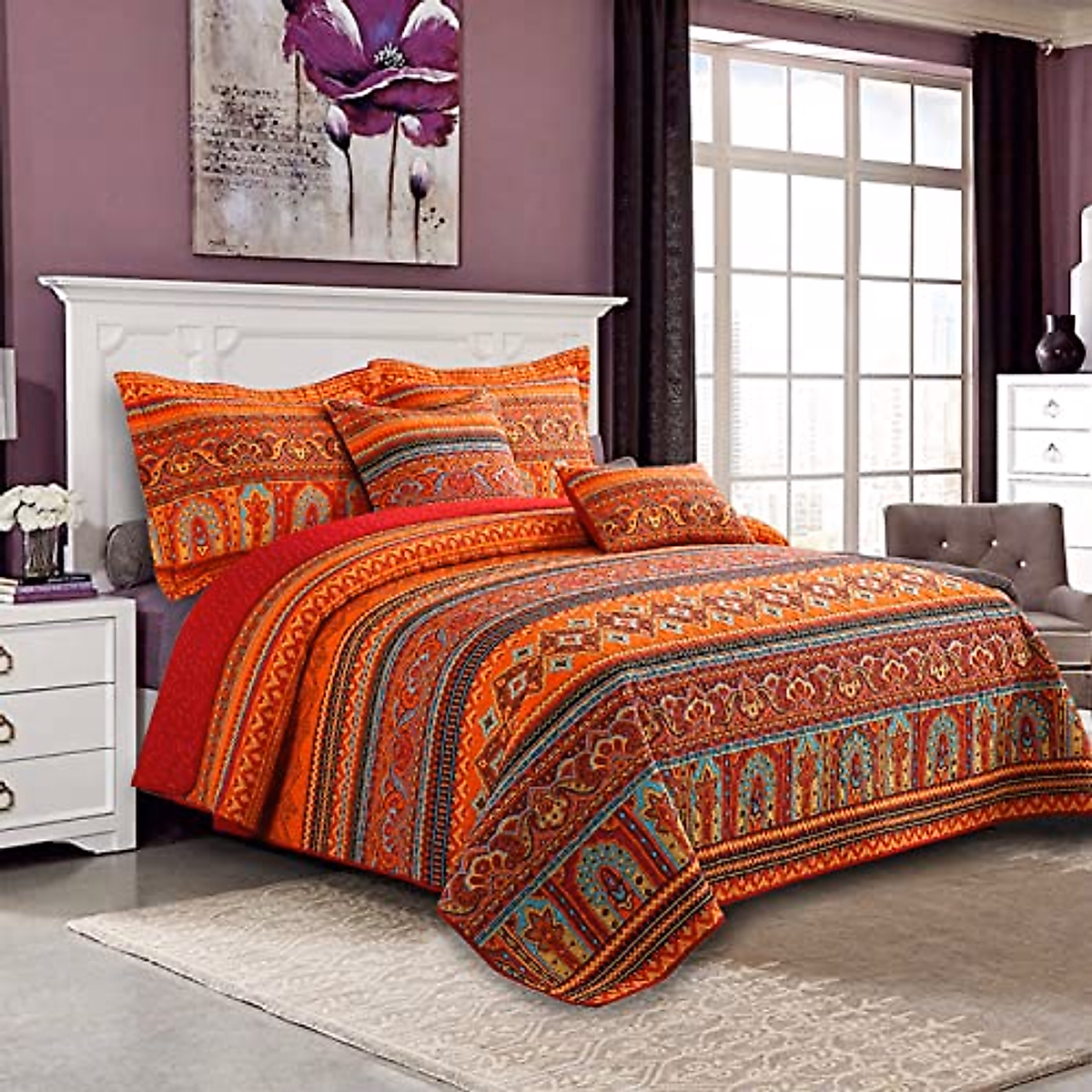 VAPUTAR Cotton Quilt Queen Size Bedding Set - 3 Pieces Queen Quilt Bedding Set, Boho Queen Size Quilts, Lightweight Reversible Coverlets Bedspreads for Farmhouse Bedroom (Red/Orange)
