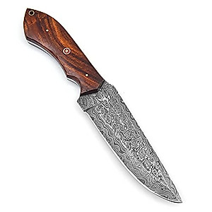 Handmade Damascus Steel Hunting Bowie Knife with Leather Sheath | 11'' Hand Forged Full Tang Fixed Blade Damascus Skinning Knives For Men and Women | EDC Razor Sharp Blade Bushcraft Camping Survival Knifes with Belt loop for Vertical and Horizontal Carry