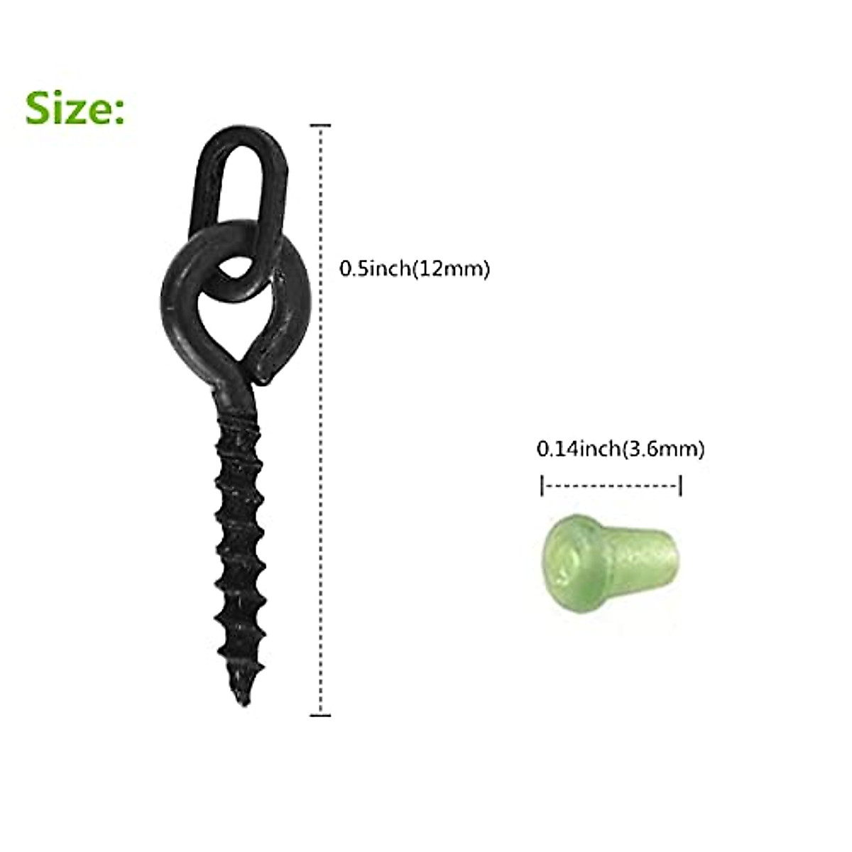 Drchoer 50pcs Bait Screws with Oval Link Loop Swivels & 50pcs Hook Stops Rubber Shank Beads for Carp Fishing Terminal Rig Tackle Set (Green Stops + Oval Screws)