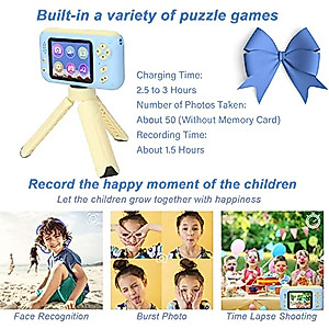 Jeanoko Kids Camera Dual Camera USB Charging Cartoon Kids Selfie Camera Inbuilt Puzzle Games with USB Cable Bracket User Manual for Home Outdoor Use