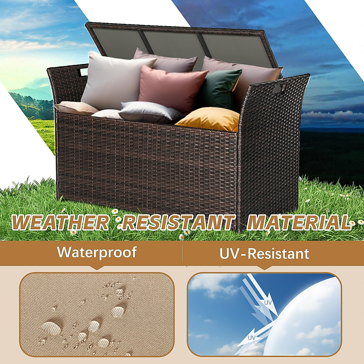 Patiomore 90 Gallon Outdoor Wicker Storage Bench with Cushion, Patio PE Rattan Deck Box with Handles (Brown)