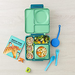 OmieBox Bento Box for Kids Insulated Bento Lunch Box with Leak Proof Thermos Food Jar, 3 Compartments + Capri Blue Utensil Set with Case