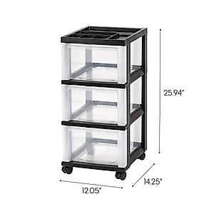 IRIS USA MC-303-TOP Plastic Storage Drawer, Rolling Cart with Organizer Top, 3, Black