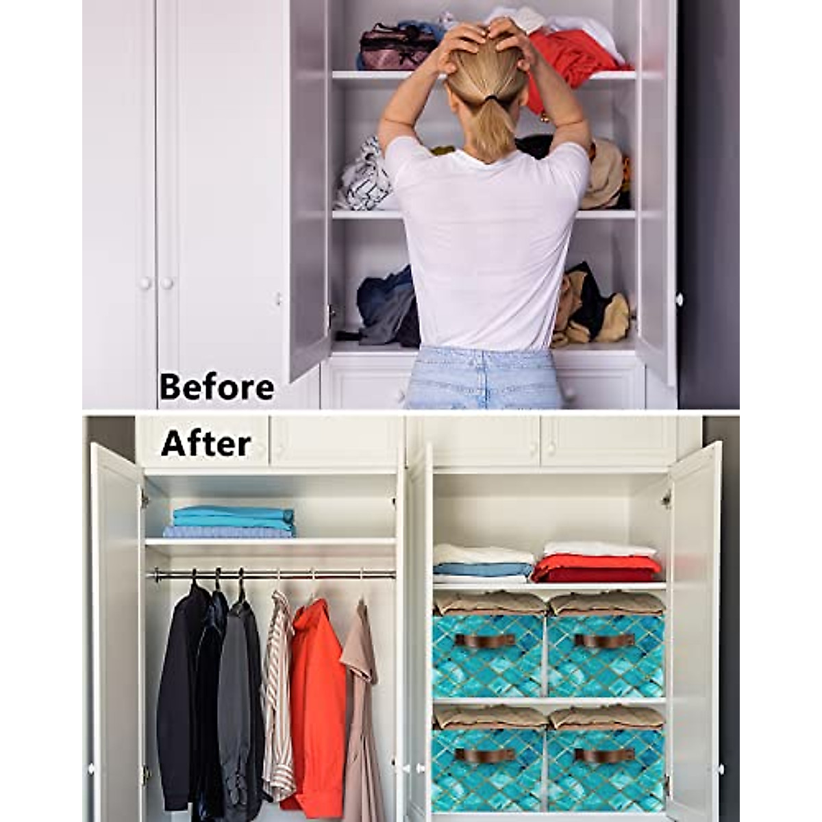 Storage Cubes Organizer with Handles, Blue Geometry Lattice Marble Storage Bins Fabric Collapsible Storage Baskets for Shelf Closet Nursery Cloth Organizers Box 2pcs-15x11x9.5in