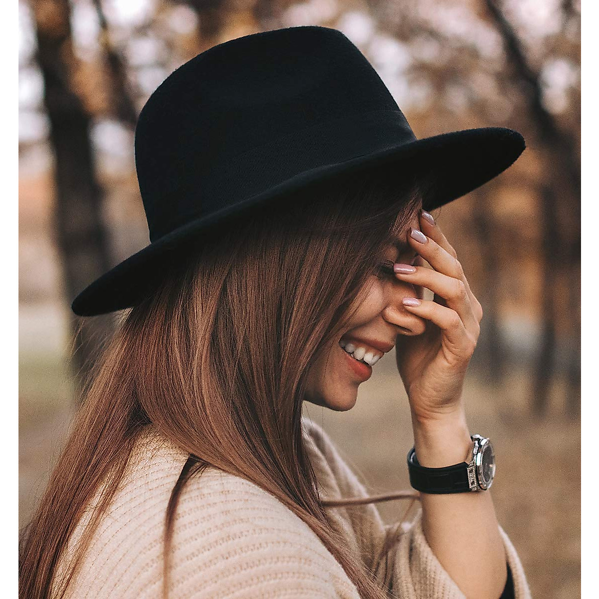 Lanzom Women Wide Brim Warm Wool Fedora Hat Retro Style Belt Panama Hat (Black, One Size)