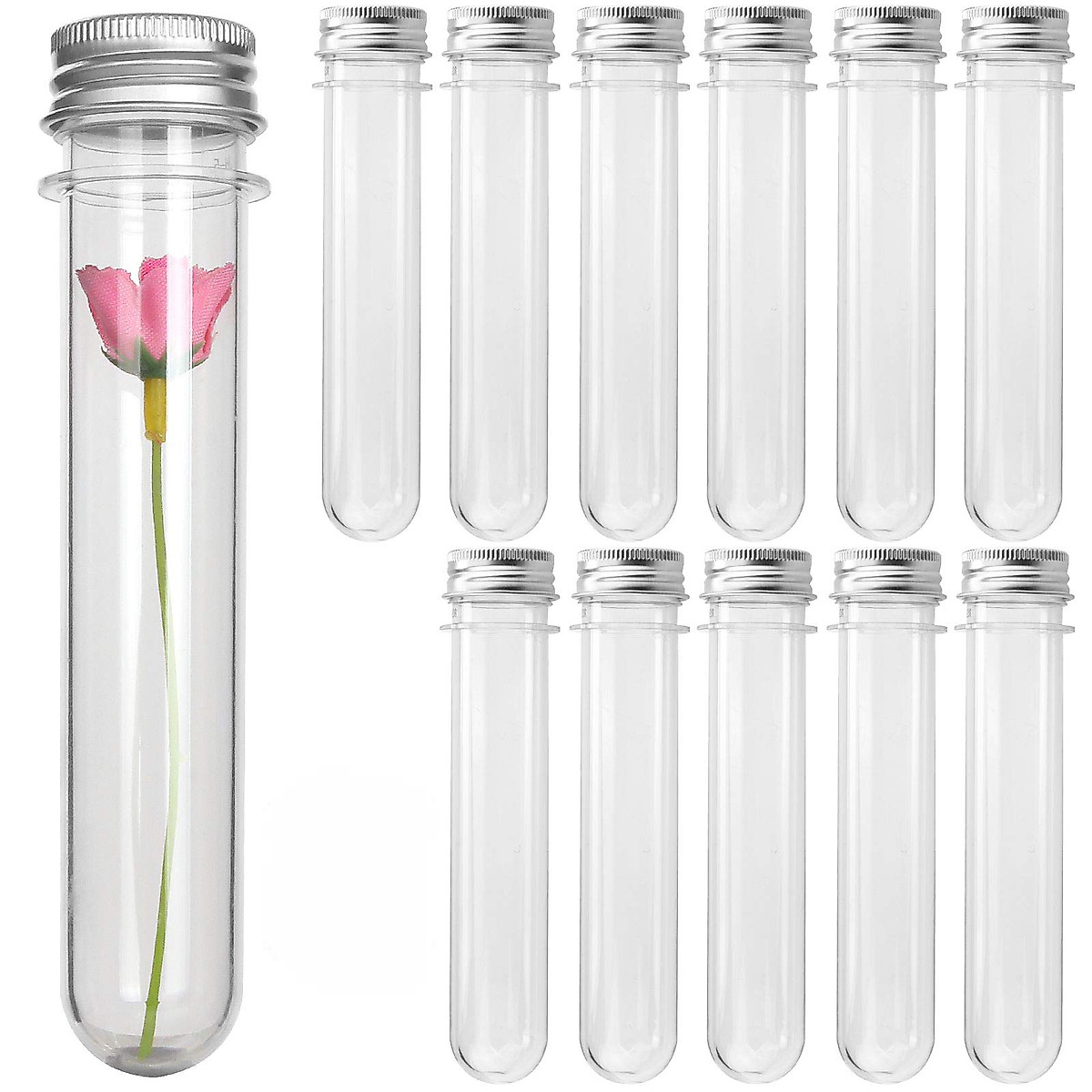 Acrux7 60 Pack Plastic Test Tubes, 45 ML Clear Test Tubes with Screw Caps, Plastic Test Tube Container for Bath Salts, Candy Storage, Scientific Party, Wedding Decorate, Plant Propagation