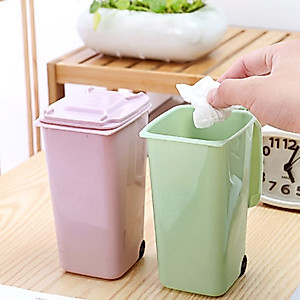 Tofficu Small Waste Basket 2pcs Mini Curbside Garbage Trash Bin with Wheels Lid Pen Holder Tiny Recycle Can Pencil Cup Desktop Organizer for Bedroom Office Desktop Car Green Pink