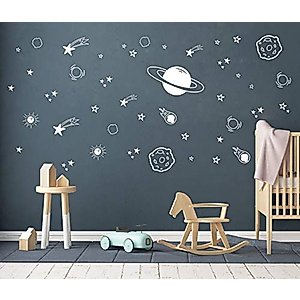Planet Wall Decal, Boys Room Decor, Outer Space Wall Decals, Star Wall Stickers, Vinyl Wall Decals for Children Baby Kids Boys Bedroom, Nursery Decor Y04 (White)