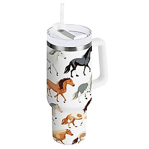 RPLIFE Colorful Horse 40 Oz Tumbler with Handle, Stainless Steel Coffee Tumbler, Insulated Coffee Mug with Lid