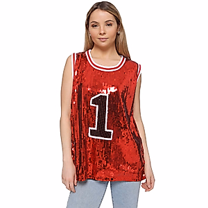 Anna-Kaci Sparkle Glitter Hip Hop T-Shirt Top Tunic Basketball Sequins Tank Vests, Red, Large