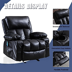 Modern Recliner Chairs for Adults with Massage and Heat,Rocker Single Sofa with 2 Cup Holder and Side Pocket for Seniors,USB Port 5 Modes Adjustable (Black)
