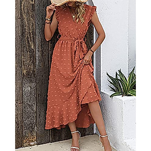 BTFBM Women's 2023 Summer Wrap V Neck Dress Ruffle Sleeve Swiss Dot Boho Ruffle Slit Beach Party Flowy Long Maxi Dresses(Swiss Dot Orange Red, Medium)