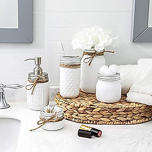 Mkono Mason Jar Bathroom Accessories Set White Mason Jars Bathroom Organizer Include Liquid Soap Dispenser,Cotton Swab,Tissue,Toothbrush Holder,Rustic Country Countertop Fall Decor 5 Piece, White