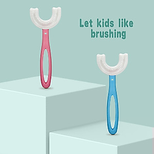 ETHCOOL Kids U-Shaped Toothbrush Food Grade Soft Silicone Brush Head 360° Oral Teeth Cleaning Design for Children Manual Training Toothbrush Easy Grip for Toddlers Blue Pink (Age 6-12)