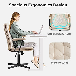 EYYTHUNG Desk Chair No Wheels with Arms Crossleg Stationary Ergonomic Soft Cushion Home Office Swivel Working Computer Chair Cream White