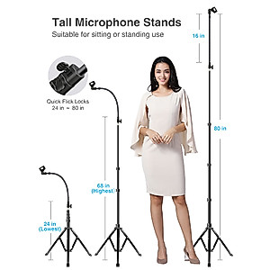 Elitehood Aluminum Foldable Microphone Stand, 82’’ Tall & Height Adjustable Mic Stand Boom, Microphone Tripod Stand with Mic Clip Holder for Singing, Performance, Karaoke, Speech, Stage and Outdoor