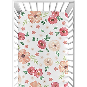 Sweet Jojo Designs Peach and Green Baby or Toddler Fitted Crib Sheet for Watercolor Floral Collection - Pink Rose Flower