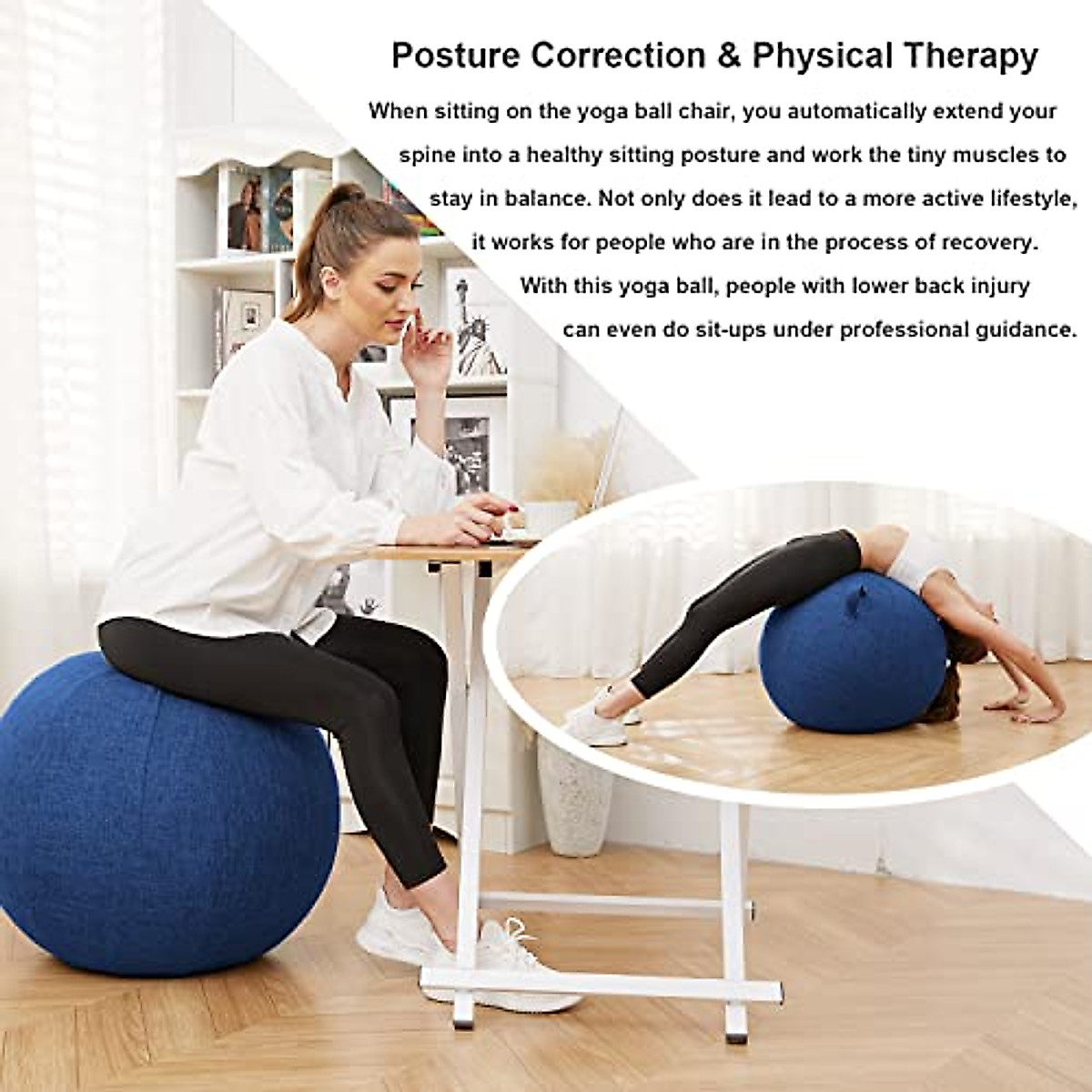 Exercise Ball Chair with Fabric Cover, Pilates Yoga Ball Chair for Home Office Desk, Pregnancy Ball & Balance Ball Seat to Relieve Back Pain, Improve Posture, Birthing Ball for Pregnancy (Blue)