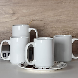 16 OZ Porcelain Coffee Mugs, Smilatte Classic Blank Ceramic Cup with Large Handle for Tea Latte Cappuccino, Set of 4, White