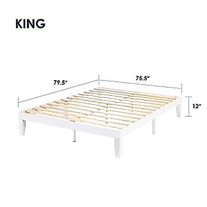 Mellow Naturalista Classic 12 Inch Solid Wood Platform Bed with Wooden Slats, King, White