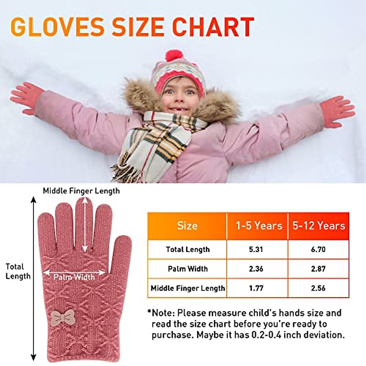 Winter Gloves for Toddler Kids - 3 Pairs Boys Girls Soft Warm Wool Lined Gloves Full Finger Children Thermal Knit Gloves (White/Pink/Grey, 5-12T)