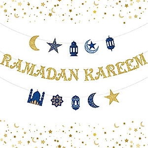 Ramadan Kareem Banner Gold Glitter Eid Mubarak Party Decorations with Moon and Stars Lights Garland for Muslim Islam Eid Festival Party Supplies