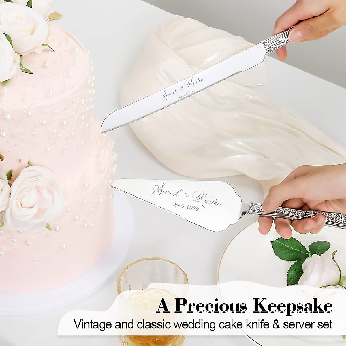 Wedding Cake Knife & Server Set, Personalized Diamond Cake Cutting Set, Gold Bridal Serving Set, Engraved Pastry Pie Server Pizza Cutter, Quinceañera Birthday Anniversary Classic Gift (Silver 2)