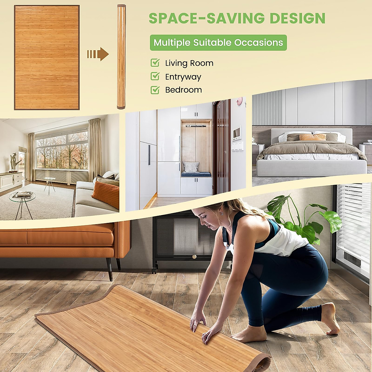 Giantex 5’ x 8’ Bamboo Area Rugs - Floor Mat with Anti-Slip Backing, Durable Roll-up Floor Rug, 60” x 96” Indoor Mat Rug for Dining Room, Living Room, Bedroom, Entryway, Bamboo Carpet (Modern)