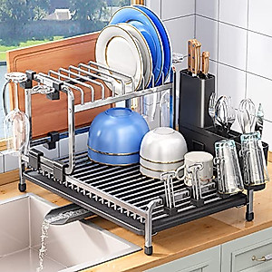 Dish Drying Rack, Aluminum 2-tier Multifunctional 7-in-1 Dish Racks for Kitchen Counter with Drainboard, Rustproof Detachable Large Capacity Dish Drainer with Wine Glass Holder, Utensil&knife Holder