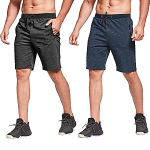 Boyzn Men's 2 Pack Athletic Shorts Comfortable Cotton Workout Shorts Elastic Waist Running Shorts with Zipper Pockets Black/Blue S