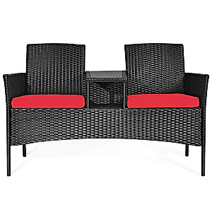 RELAX4LIFE Conversation Furniture Set with Table and Two Removable Cushions Rattan Wicker Chairs and Table Set for Patio,Garden, Baloney and Lawn Outdoor Porch Furniture Sets Loveseat (Black+Red)