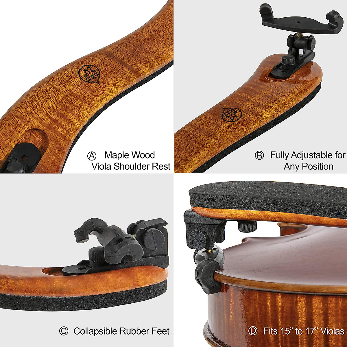 Classic Viola Shoulder Rest for 15”-17” Viola (Full Size) with Adjustable Height | Collapsible | Real Maple Wood | Excellent Support Grip - By MIVI Music