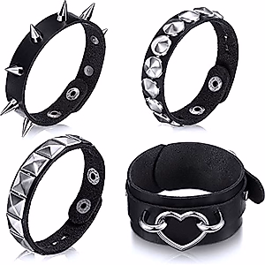 4 Pieces Goth Bracelets for Women Punk Leather Bracelet Punk Rock Accessories Spike Bracelet Gothic Spike Rivet Cuff Bracelet Adjustable Goth Cuff Wristband Metal Studded Buckle Wristband