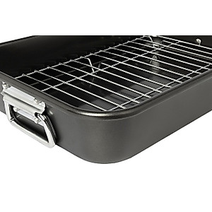 Roasting Pan with Rack and Handles - 15 Inch Carbon Steel Roaster Pan for Oven - Large Roaster Pot for Turkey Chicken Meat & Vegetables, Dishwasher Safe, Heavy Duty, Black