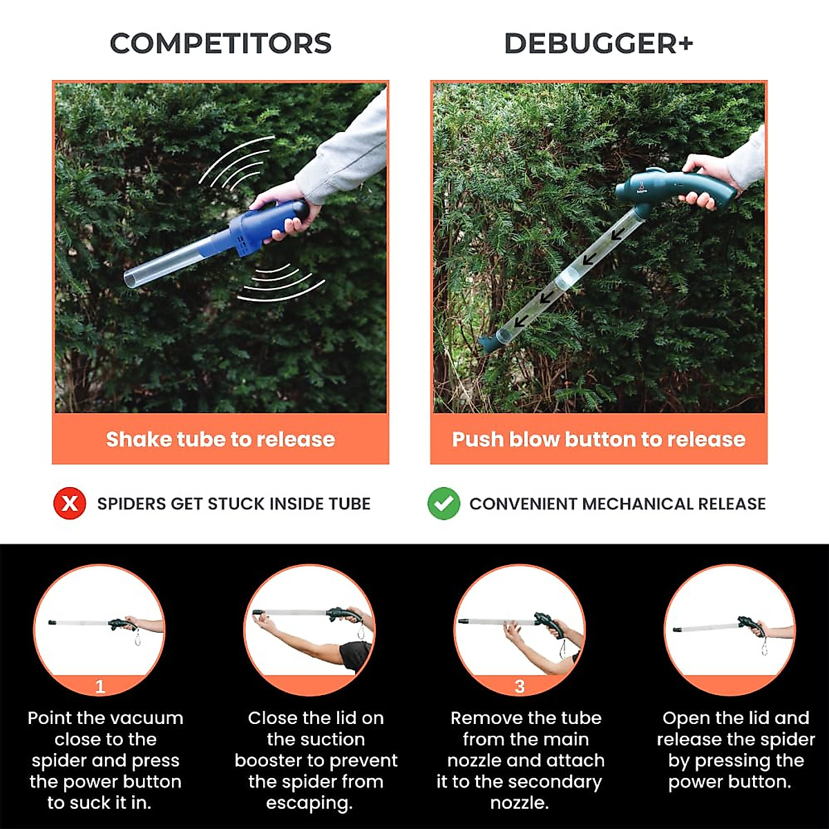 Rechargeable Spider Catcher Strong Suction Blows Insects Back Out Long Handle Vacuum Humane Bug Catcher LED Light Insect Hoover Bees Moths for Home