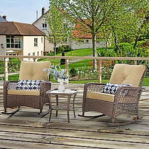UDPATIO Outdoor Furniture 3 Piece Rocking Chairs Bistro Set, Wicker Patio Chairs with 4‘’ Thick Cushions, Comfortable High Back Porch Furniture with Table, Khaki